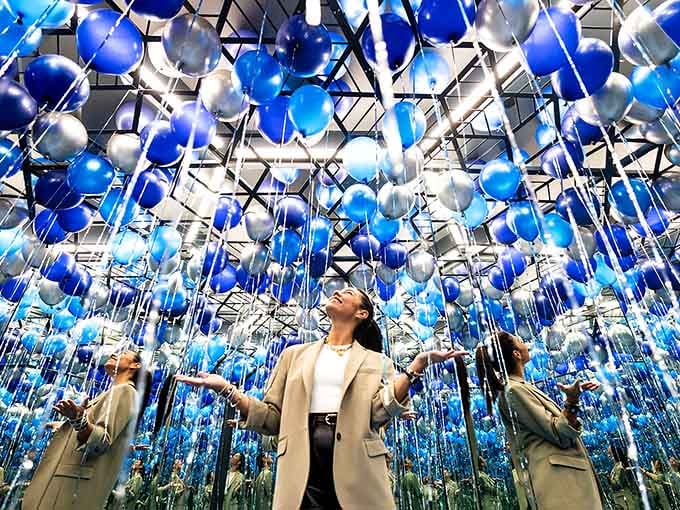 When mirrors multiply blue and silver balloons into infinity, you're either in a dream or having the best day ever.