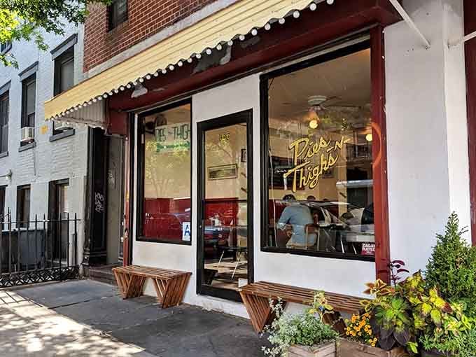 Those cheerful outdoor benches practically beg you to sit down and savor something extraordinary on a perfect afternoon.