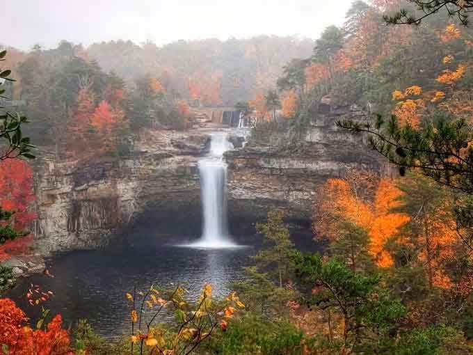 When fall decides to show off at DeSoto Falls, even the mist seems painted in autumn's favorite colors.