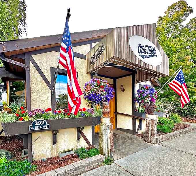 Those hanging flower baskets and patriotic flags announce you've arrived somewhere special, not just another breakfast joint.