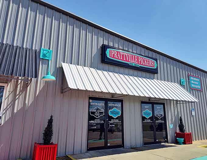 That metal awning and turquoise accents aren't just charming, they're practically begging you to come inside and lose track of time.