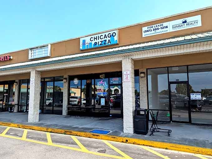 Strip mall exterior hiding some of the most authentic deep dish pizza south of the Mason-Dixon line.
