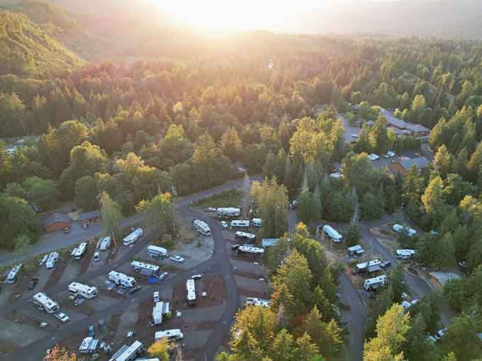 From above, this sprawling forest retreat looks less like a campground and more like a small civilization dedicated to s'mores.
