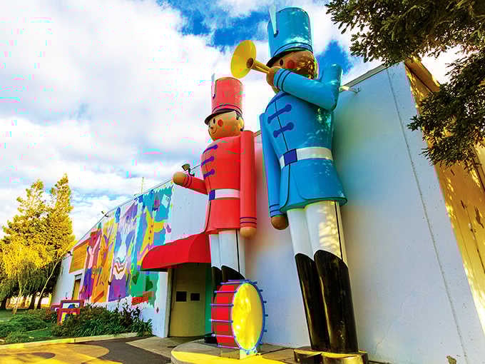 Those towering toy soldiers standing guard aren't just decoration; they're your first clue that childhood magic lives here.