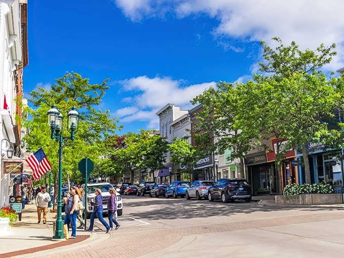 Downtown Petoskey's tree-lined streets prove that charm and walkability never go out of style, no matter the season.