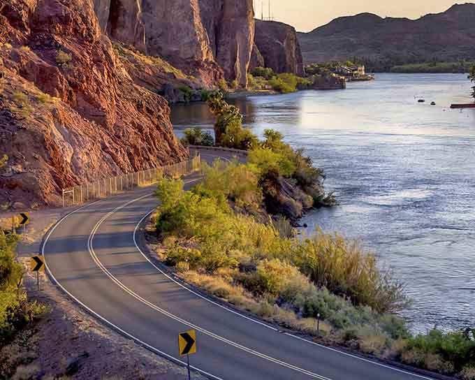 The scenic drive along the Colorado River proves that getting there really is half the fun, especially at golden hour.