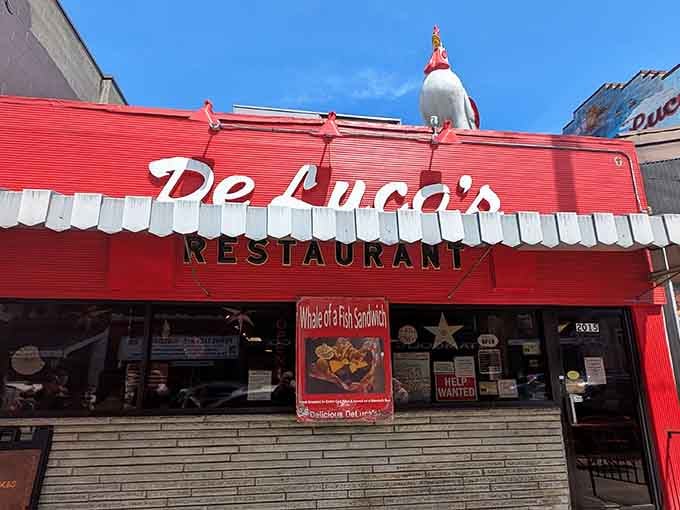 That red facade isn't whispering, it's announcing breakfast with the confidence of a rooster at dawn.