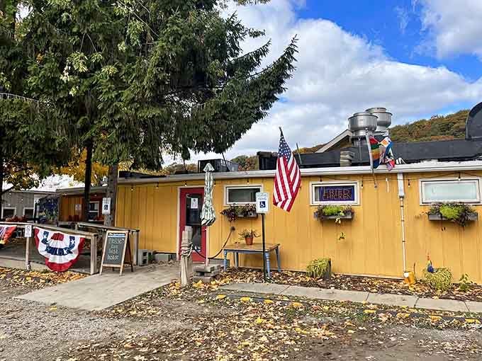 That cheerful yellow exterior with patriotic bunting practically screams "come get some comfort food" from down the street.