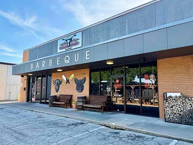 The modern facade promises serious barbecue business, and those cow and pig silhouettes aren't just for decoration.