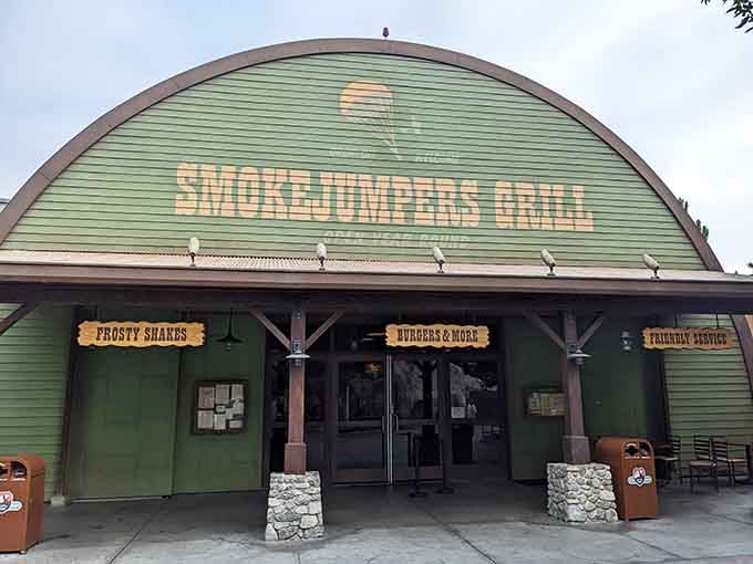 That curved green hangar isn't just for show; it's your gateway to aviation-themed dining done right.