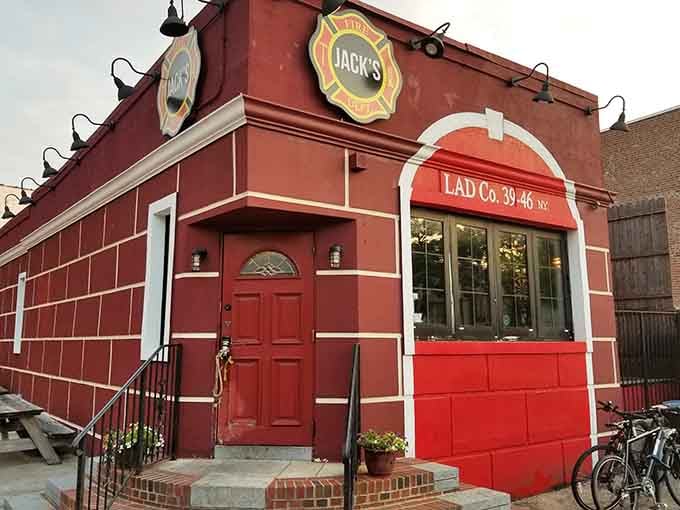 That firehouse red exterior isn't just for show, it's a beacon calling you to burger paradise.
