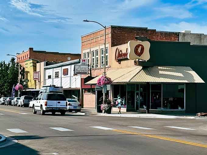 Downtown Ontario's classic storefronts and hanging flower baskets prove small-town charm doesn't need a Hollywood budget to shine beautifully.