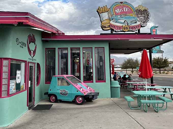 The vintage car out front sets the tone: this isn't dining, it's an experience in American nostalgia.