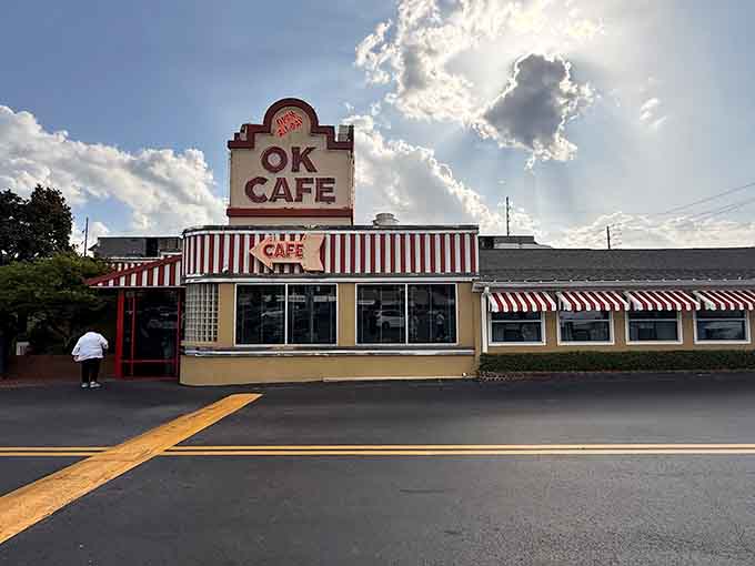 That red and white striped awning isn't just decoration, it's a beacon calling you home to comfort food paradise.