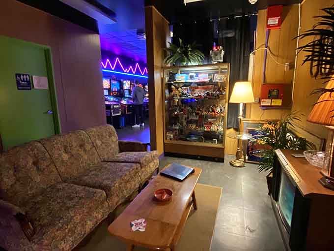 Step into a living room that time forgot, complete with floral couch and treasures from childhood's golden era.