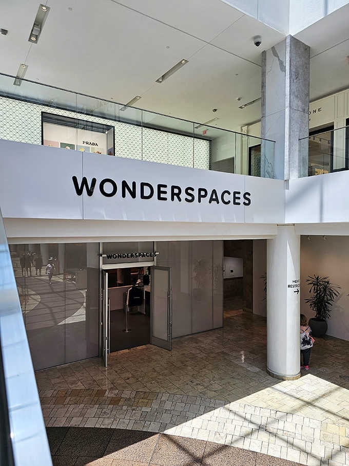 The sleek entrance promises something extraordinary beyond those glass doors, like finding Narnia in a shopping mall.