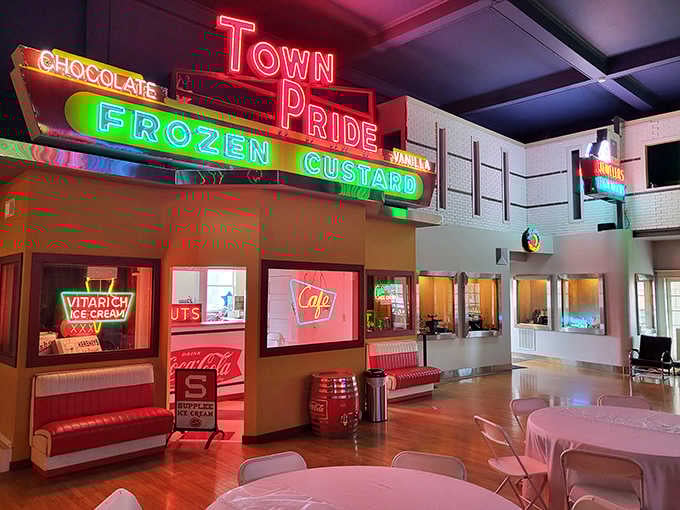 Stepping into this glowing wonderland feels like entering a time machine powered by noble gases and pure nostalgia.