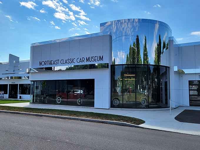 The Northeast Classic Car Museum's striking modern exterior proves that sometimes the best treasures hide in plain sight.