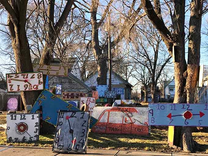 When clocks and toy taxis collide on a residential street, you've found Detroit's most wonderfully bewildering art project.