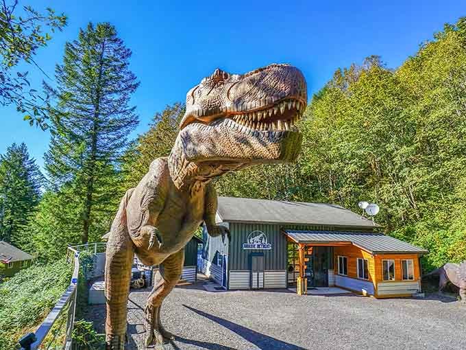 Nothing says "commitment to theme" quite like a massive dinosaur standing guard over your weekend getaway destination.