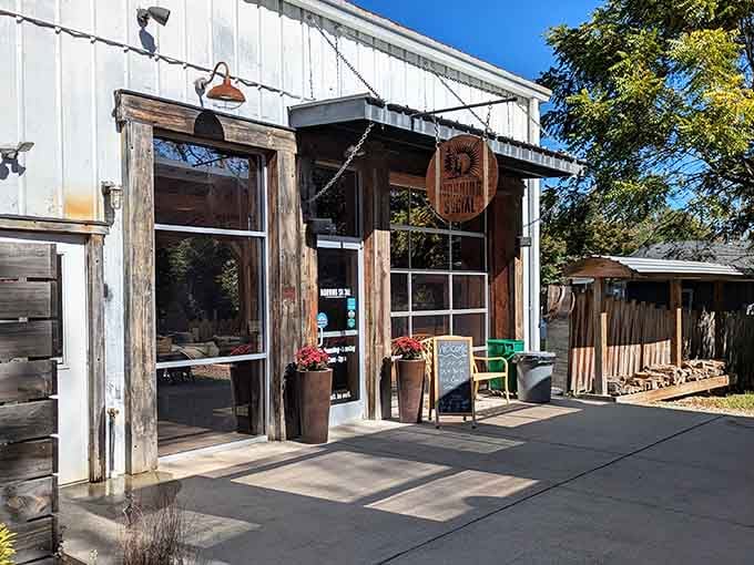 That weathered wood exterior isn't trying to look rustic, it just is, and that authenticity is exactly what makes Morning Social feel like home.