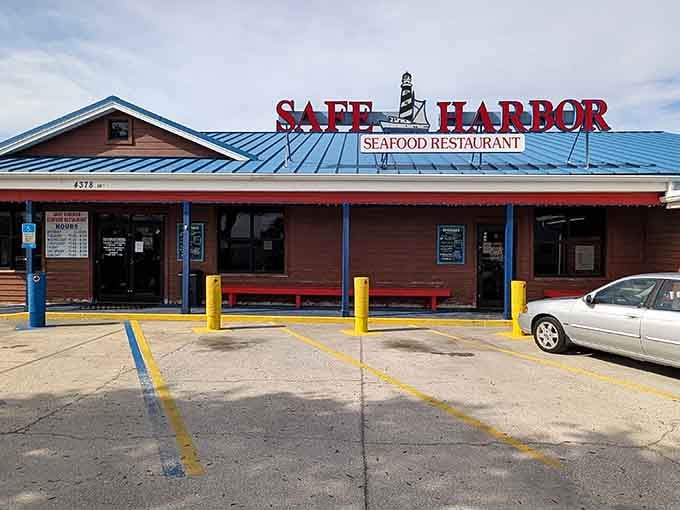 That lighthouse-adorned sign isn't just decoration, it's a promise of the fresh coastal treasures waiting inside.