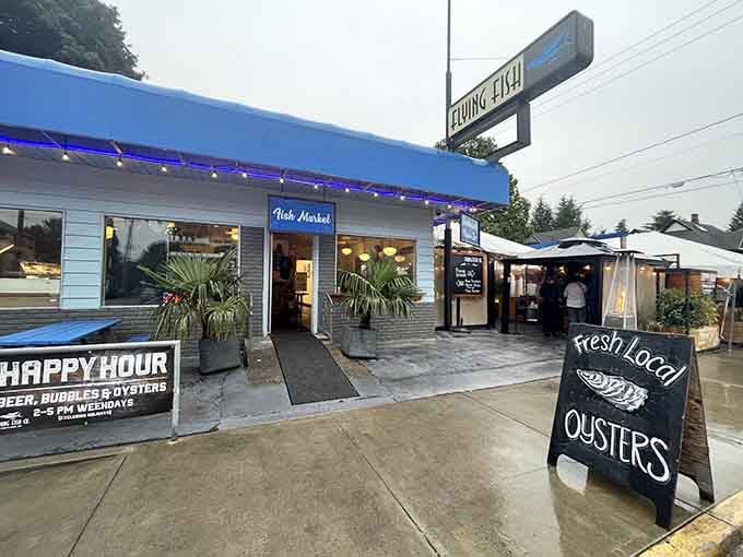 That bright blue awning isn't just for show, it's a beacon guiding you to seafood salvation in Portland.