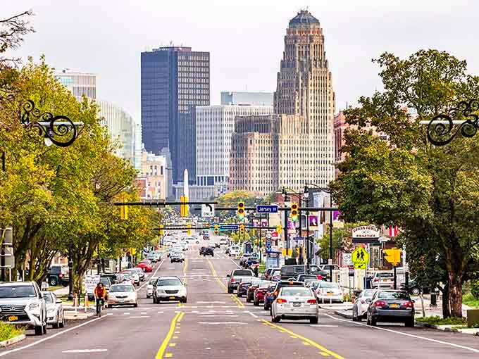 Tree-lined boulevards frame the downtown skyline perfectly, like nature's own postcard of urban renewal and possibility.