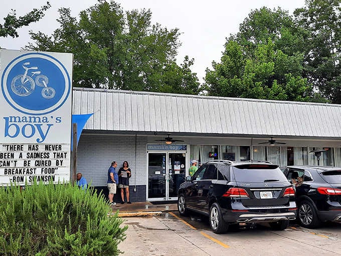 That vintage tricycle logo and Ron Swanson quote tell you everything: this place takes breakfast seriously and joyfully.
