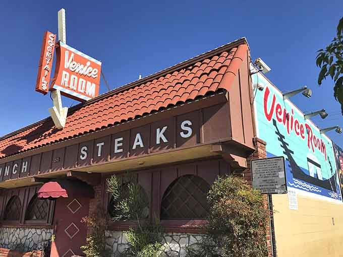 The terra cotta tiles and bold lettering create a time capsule you can actually walk into and eat steak.