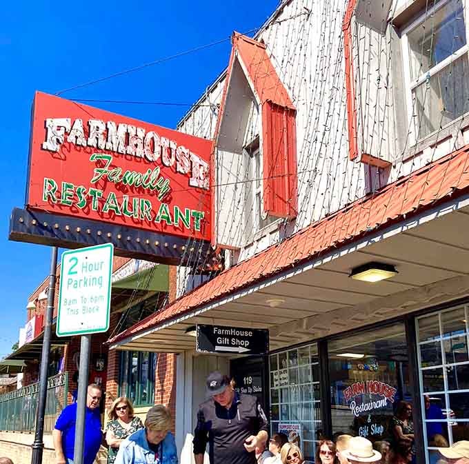That red sign beckons like a lighthouse for the hungry, promising comfort food salvation on the Branson strip.