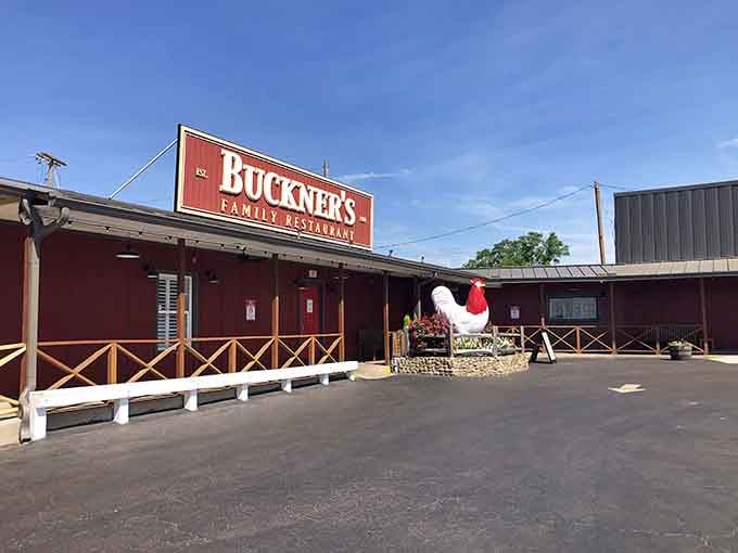 That red barn-style building with the giant rooster out front isn't subtle about its mission: serious fried chicken awaits inside.