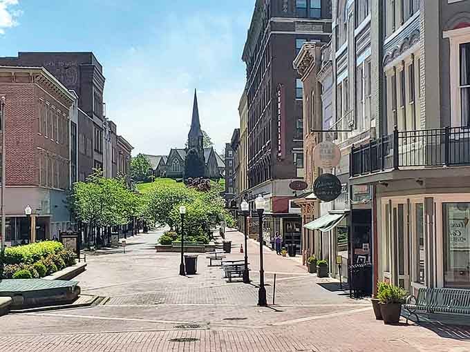 Downtown Cumberland's pedestrian mall proves that small-town charm and actual charm can coexist beautifully in brick-paved harmony.
