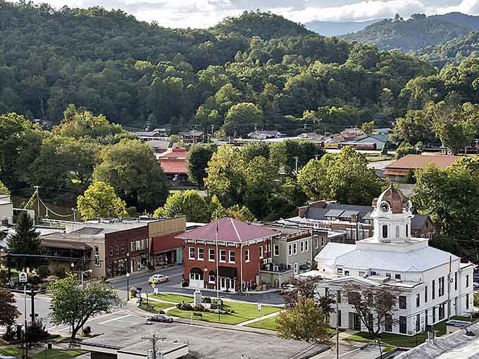 Downtown Bryson City from above looks like someone built a movie set and forgot to take it down.
