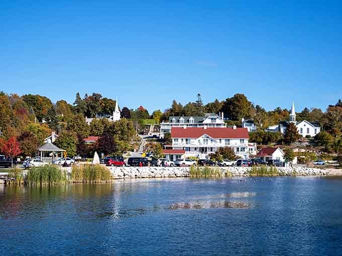 Eagle Harbor wraps around Ephraim like nature's own welcome committee, complete with white buildings and fall colors.