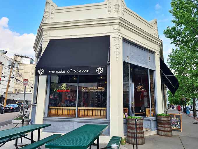 Those atomic symbols flanking the entrance aren't just decoration, they're your first hint that this isn't your average watering hole.