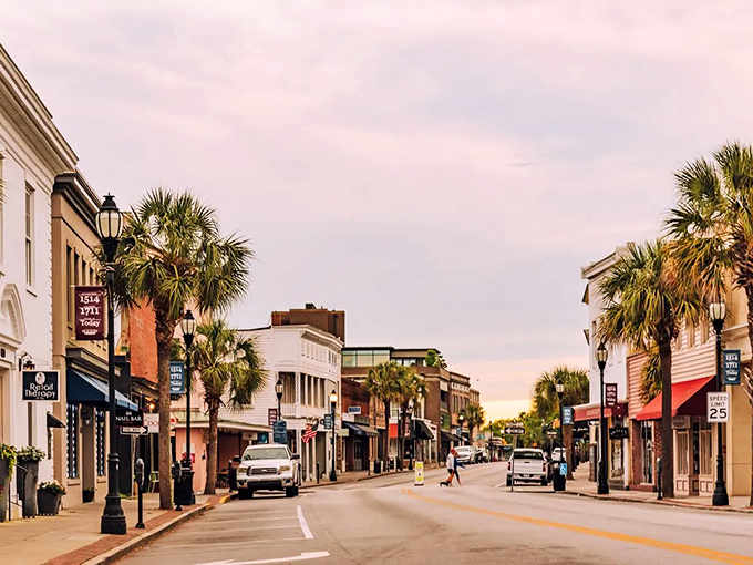 Golden hour transforms downtown into a postcard, where palm trees and pastel storefronts create pure Southern magic.