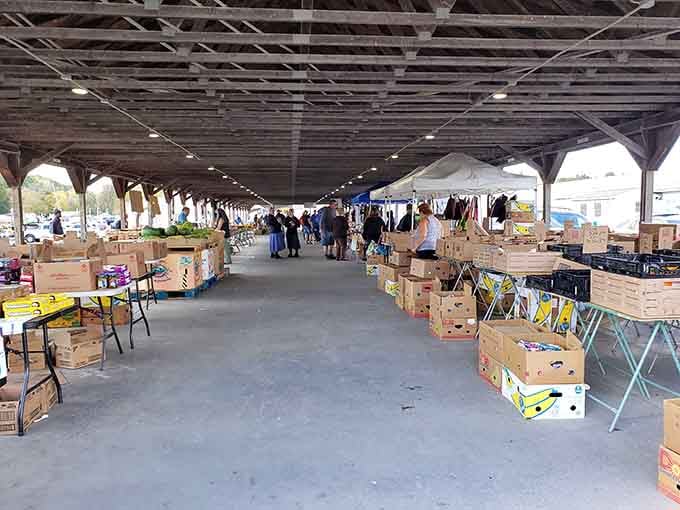 The covered pavilion stretches endlessly, promising discoveries around every corner and in every wooden crate.
