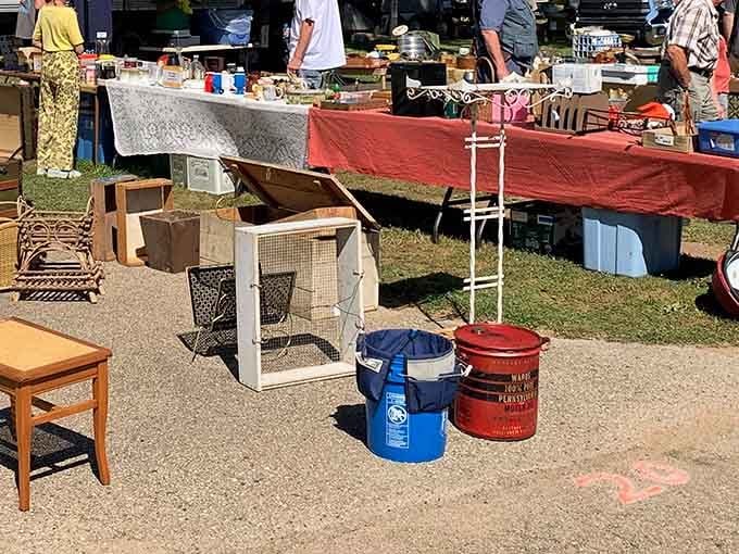 Wire baskets, wooden furniture, and colorful buckets prove that sometimes the best decor comes from someone else's attic.