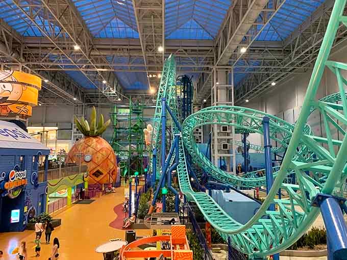 Indoor roller coasters twisting through the air like steel spaghetti, proving New Jersey does everything bigger and better.