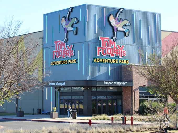Tom Foolerys Adventure Park exterior showcases the vibrant energy waiting inside this climate-controlled haven of family-friendly entertainment and excitement.