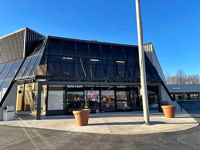 The architectural angles and sweeping windows hint at the sprawling wonderland of vintage finds that await beyond those doors.