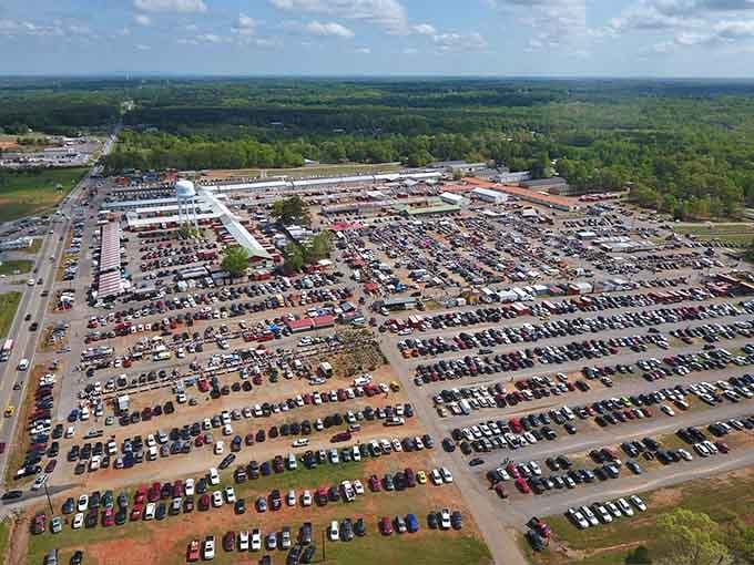From above, this sprawling marketplace looks like someone organized the world's most ambitious garage sale with military precision.