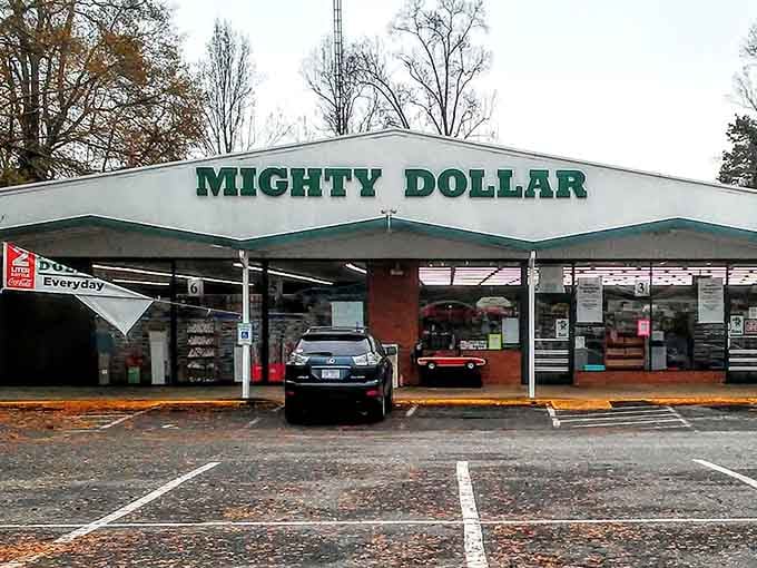 The Mighty Dollar storefront promises adventure, savings, and probably way more stuff than you planned to buy today.