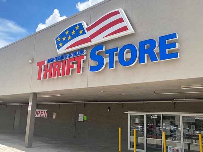 That patriotic storefront isn't just decoration, it's a promise of American-style bargain hunting at its finest.