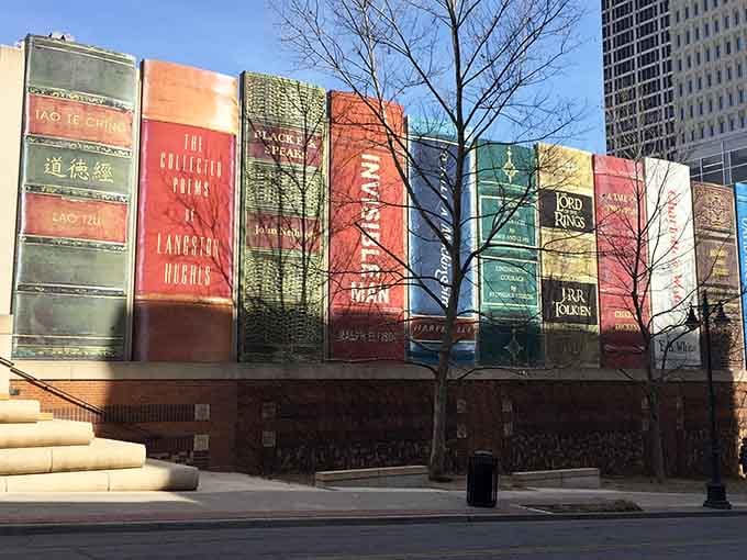 The colorful collection spans centuries of literature, from ancient philosophy to modern classics in brilliant display.