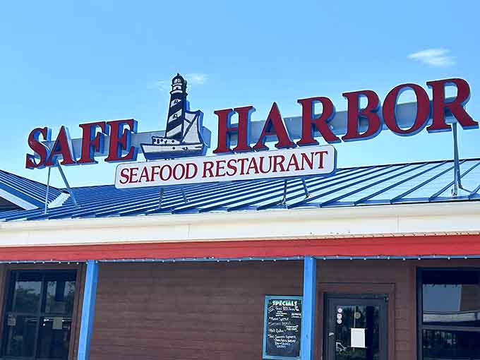 That lighthouse-adorned sign isn't just decoration, it's a promise of the fresh coastal treasures waiting inside.