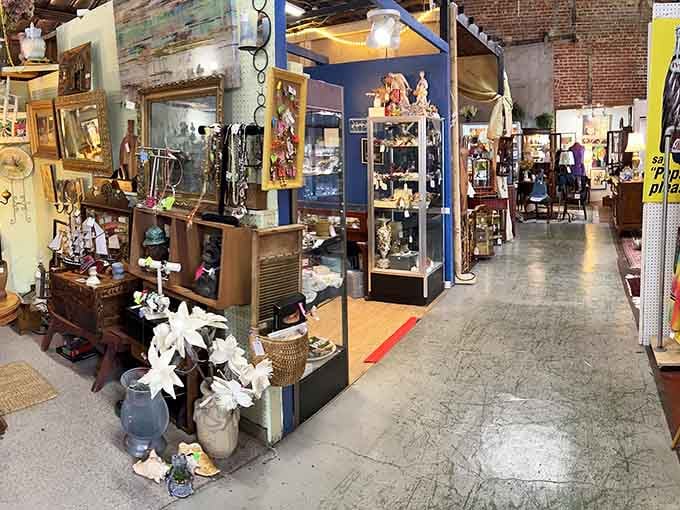 Explore a vast indoor marketplace filled with charming vintage treasures, unique jewelry, and timeless furniture tucked into every cozy corner.
