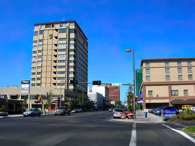 Downtown Yakima stretches out under endless blue skies, proving affordable cities can still look pretty darn good.