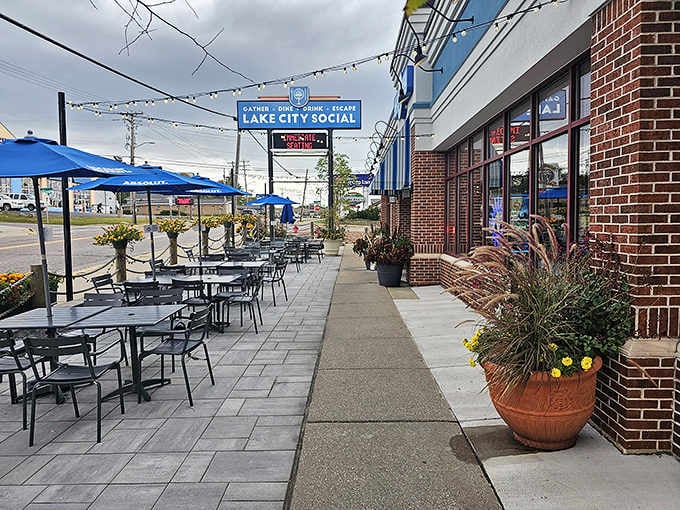That bright sign and inviting patio beckon you to a Wisconsin grill serving mouthwatering burgers and more.